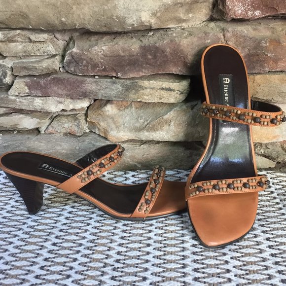 Etienne Aigner | Shoes | Aigner Arroz Leather Sandals Wood Beaded ...